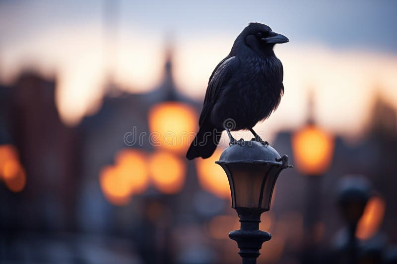 Raven on a Lamppost in Eerie Light Stock Photo - Image of silhouette ...