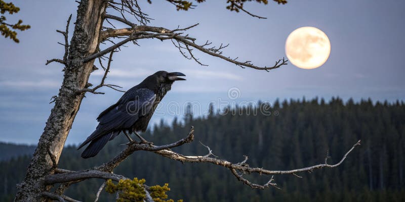 Raven with Moon in Dark Forest Night Stock Illustration - Illustration ...