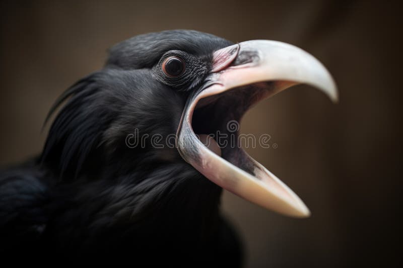 Raven with Open Beak Sitting on the Stone. Moose Stone with Black Bird ...