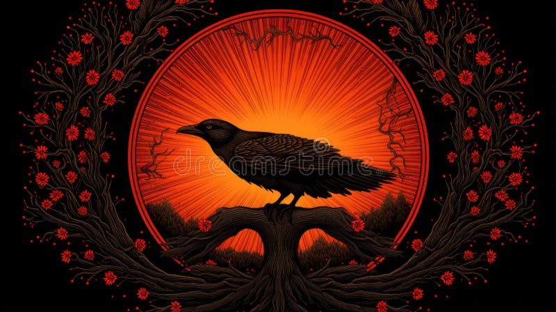 The Raven on Orange Sun Background, AI Stock Illustration ...