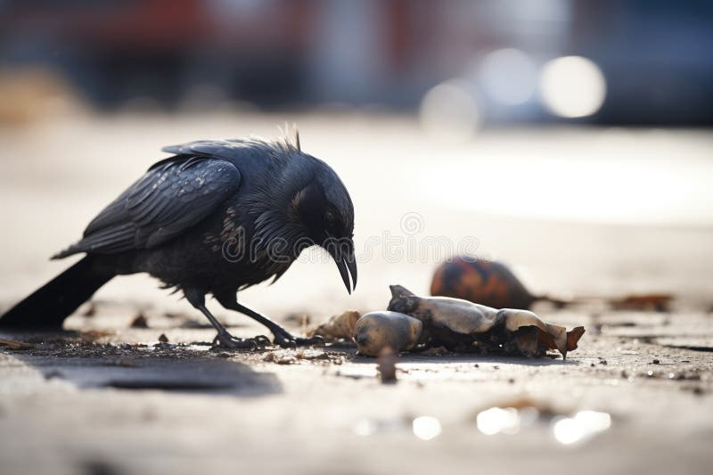Raven Pecking at Shiny Objects on the Ground Stock Photo - Image of ...