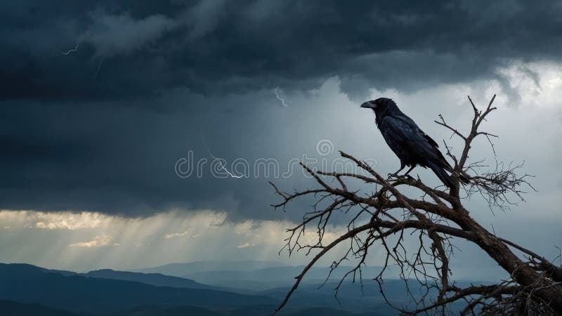 Majestic Raven on a Barren Branch during a Dramatic Storm Stock ...