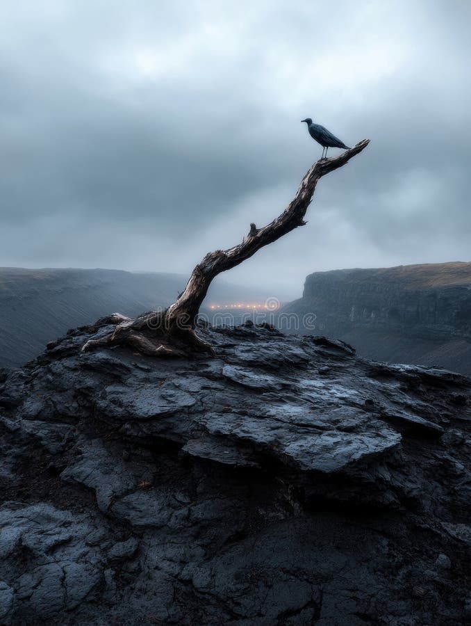 A Raven Perched on a Branch in a Desolate Landscape. Stock Illustration ...