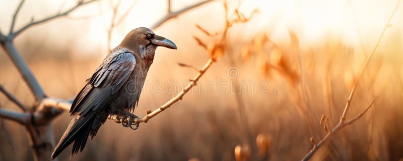Raven Perched on Branch with Golden Sunset Background Stock Photo ...