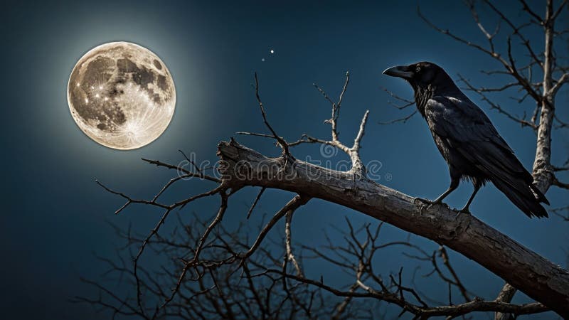 A Raven Perched on a Branch Under a Bright Full Moon in a Night Sky ...