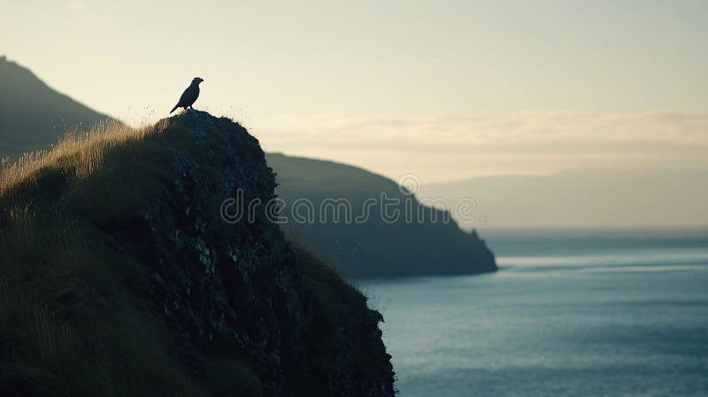 Raven Perched Clifftop, Coastal Sunset, Island, Serene Stock Photo ...
