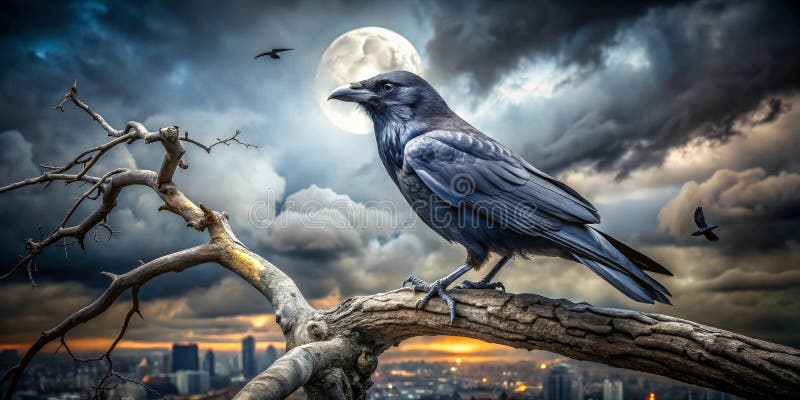 Raven Perched on a Dead Tree Branch Against a Dramatic Twilight ...