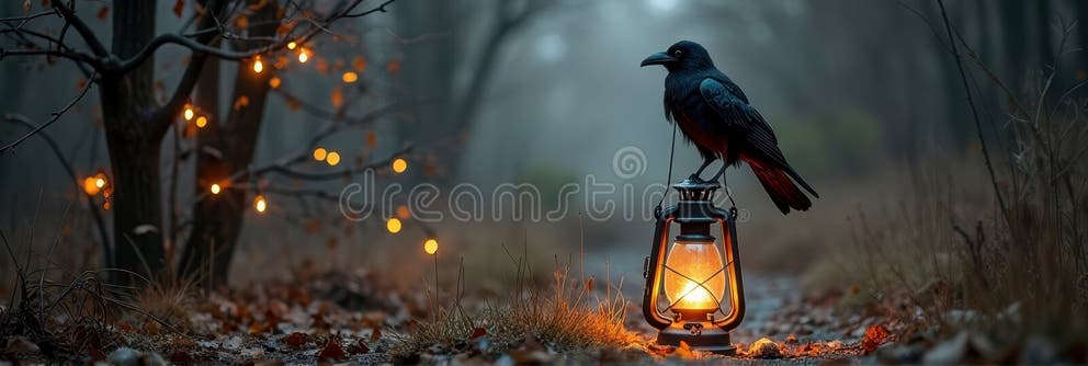 Raven Perched on Lantern in Mystical Forest at Dusk Stock Photo - Image ...