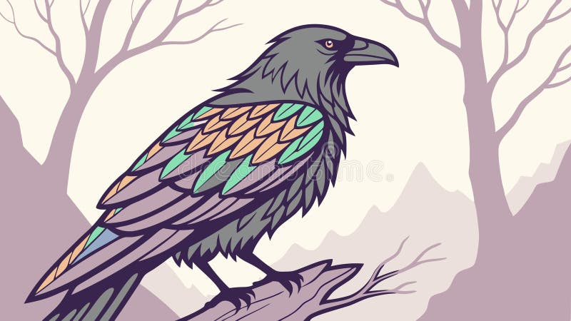Raven Perched in Stylized Forest Vector Graphic, Vector Design ...