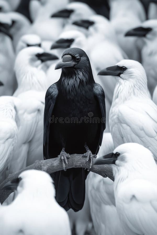 Raven Perched among White Birds, Monochrome Stock Illustration ...