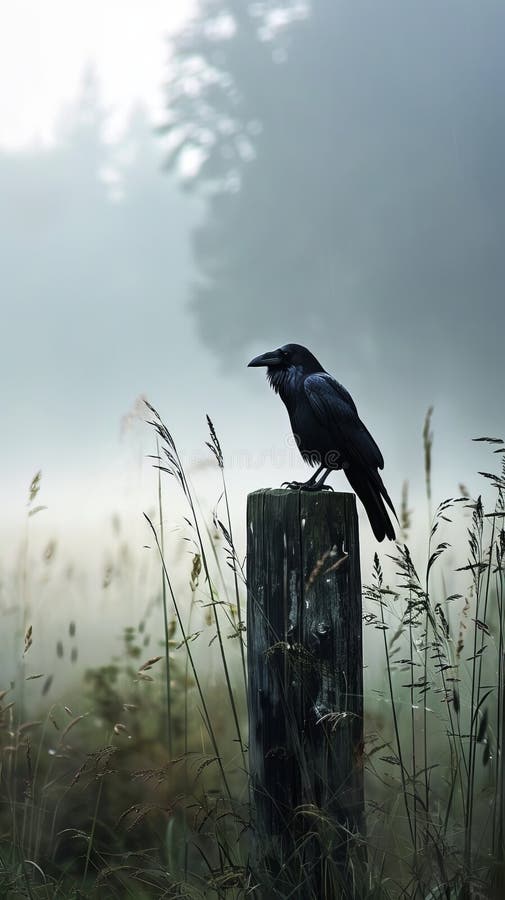 Raven Perched on a Wooden Post in a Misty Field Stock Image - Image of ...