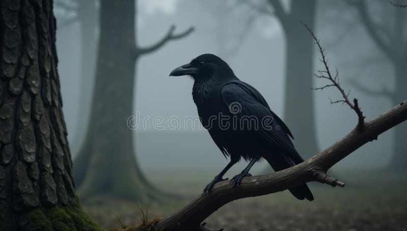 A Raven Perches Ominously in a Misty Forest Stock Illustration ...