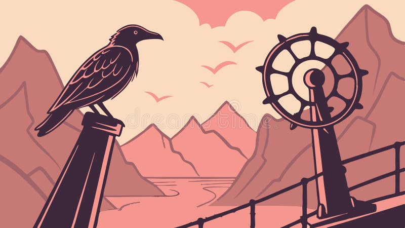 Raven on Post with Ship Wheel, Nautical Foresight, Vector Design ...