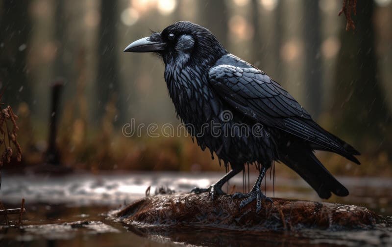 Raven in the Rain. Created by Generative Artificial Intelligence Stock ...