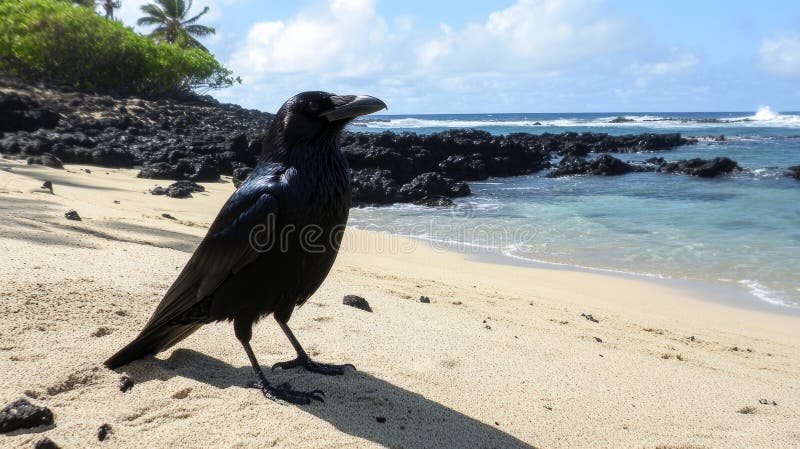 Raven Resting on a Pristine Tropical Beach. Serenity Scene Stock ...