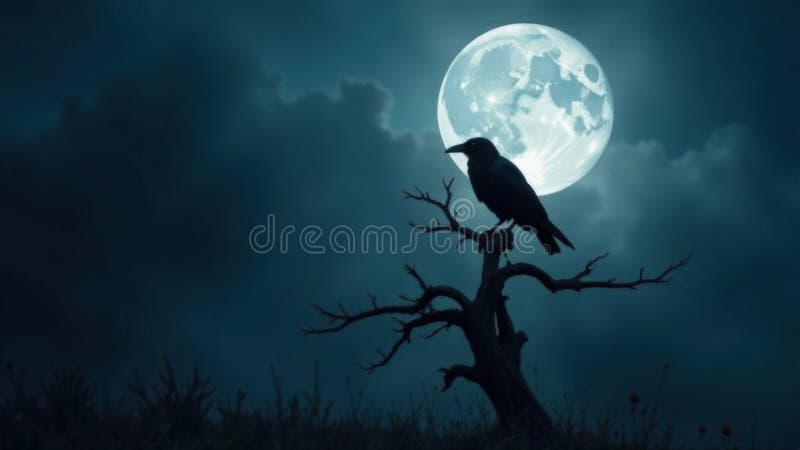 Raven Silhouette on Tree Branch Under Full Moon Night Sky Stock Image ...