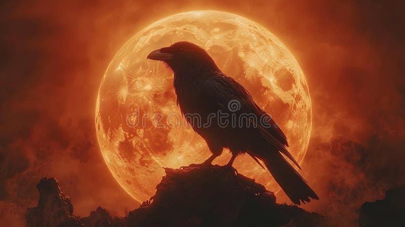 Raven Silhouetted Against a Blood Red Moon Illustration Stock ...