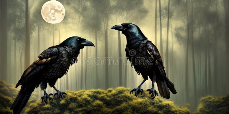 Raven Sitting on a Branch Dark Forest Moon Background. Stock Photo ...
