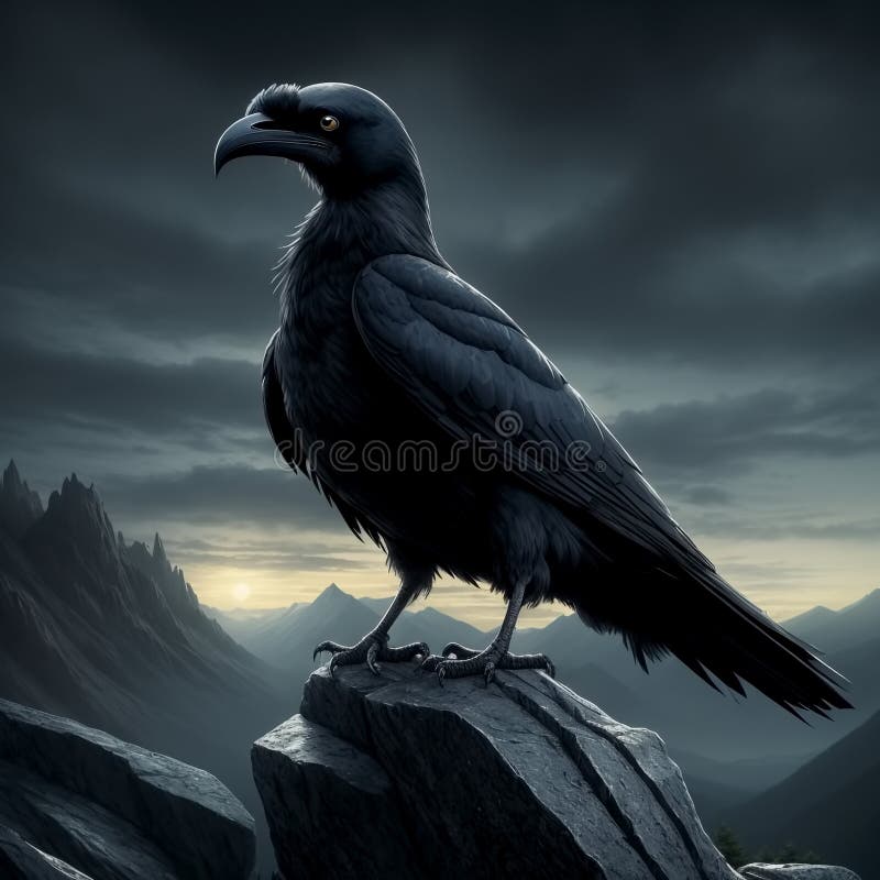 Raven Sitting on Rock in the Night during Full Moon. Generative AI ...