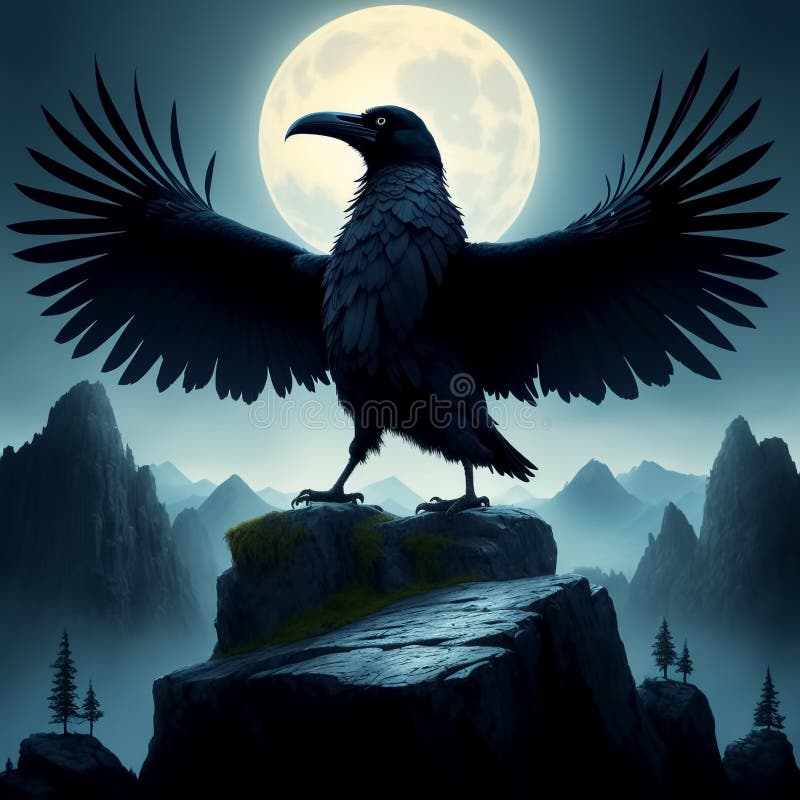 Raven Sitting on Rock in the Night during Full Moon. Generative AI ...