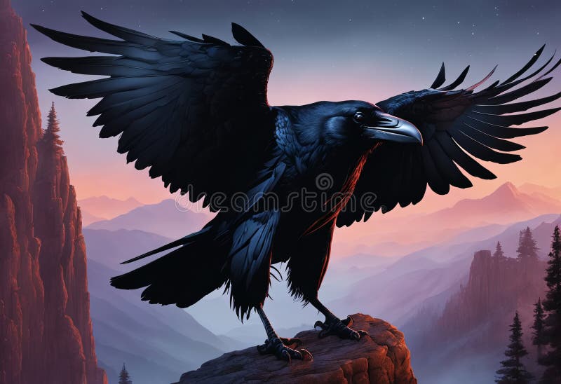 Raven Sitting on Rock in the Sunset. Generative AI Stock Illustration ...