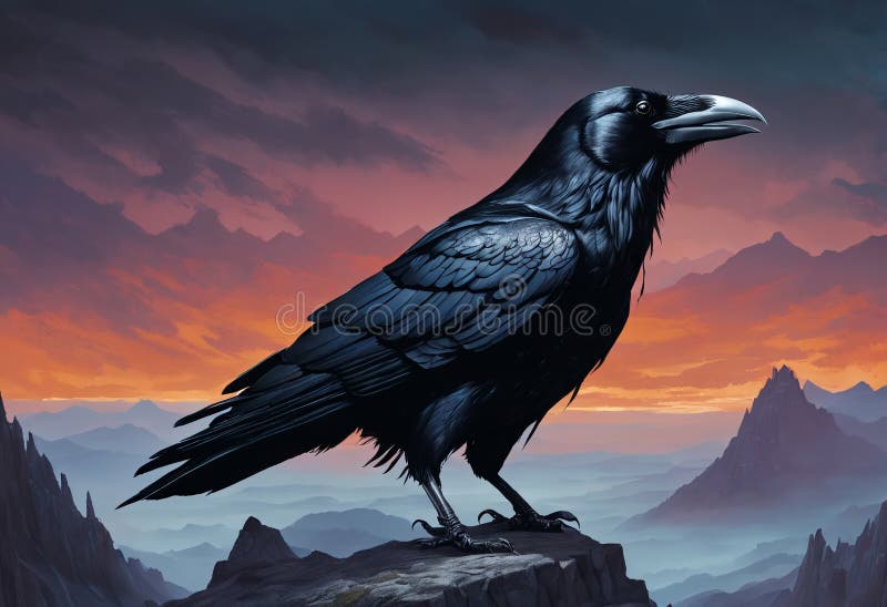 Raven Sitting on Rock in the Sunset. Generative AI Stock Illustration ...