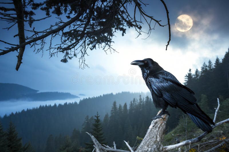 Raven with Moon in Dark Forest Night Stock Illustration - Illustration ...