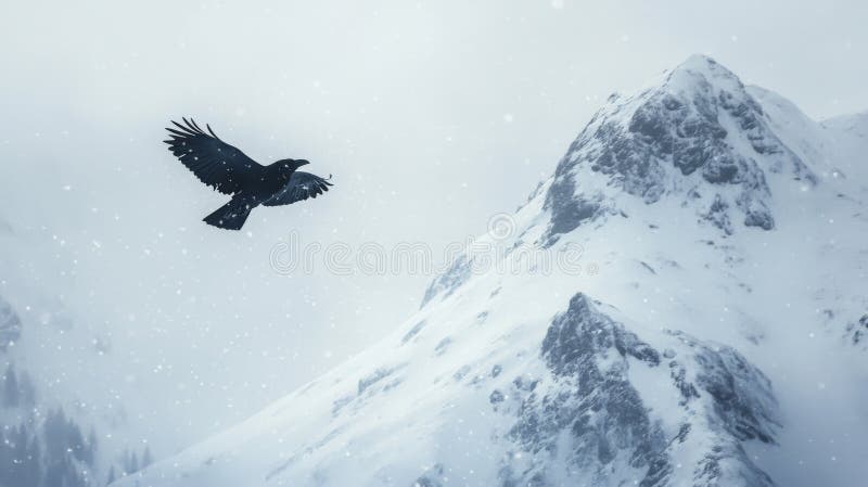 A Raven Soaring Over a Snowy Mountain Peak Stock Photo - Image of wings ...