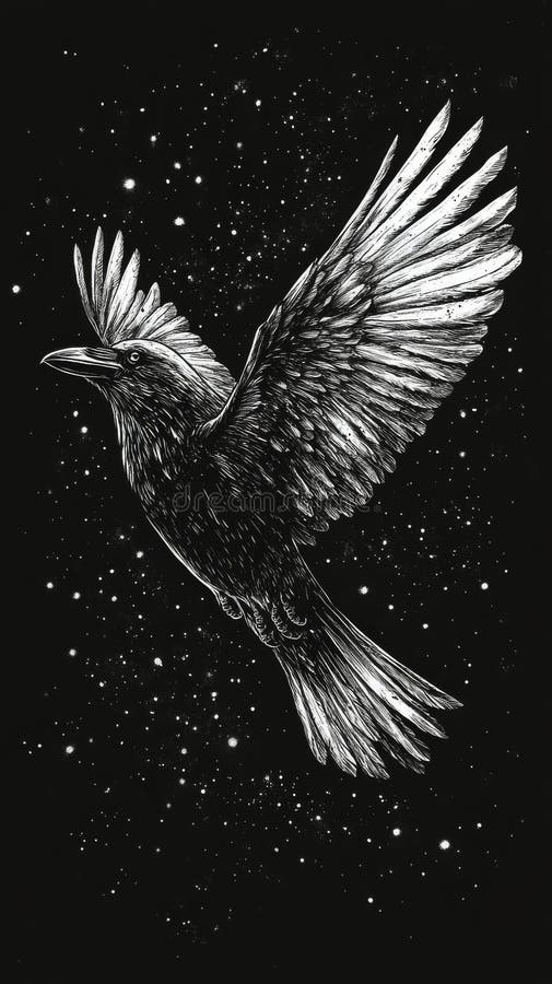 A Raven Soars Gracefully through a Starry Night Sky Filled with Distant ...