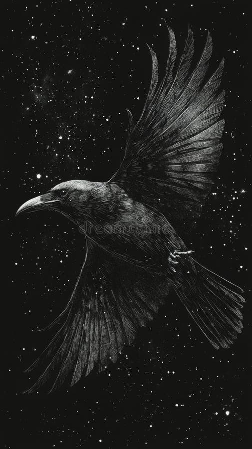 A Raven Soars Gracefully through a Starry Night Sky Filled with Distant ...