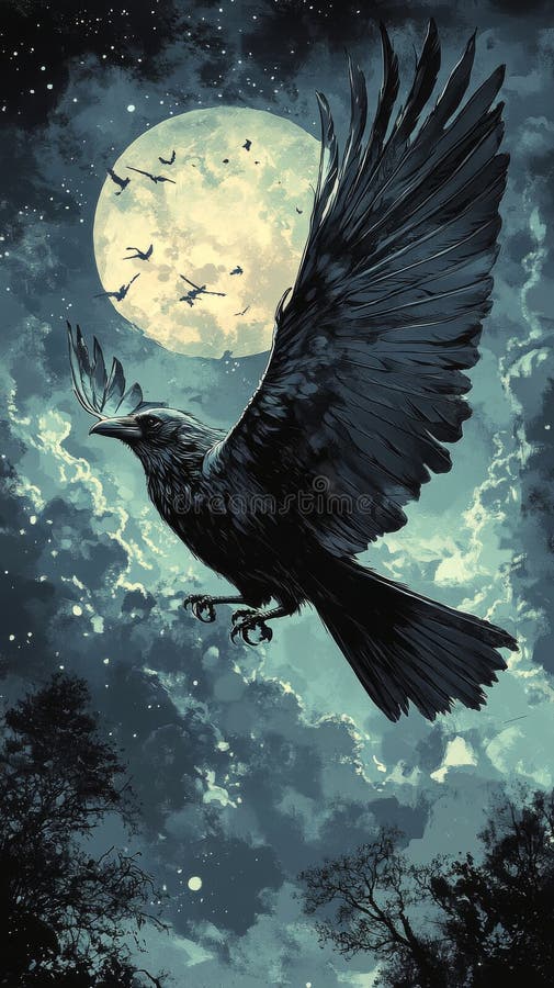 A Raven Soars Gracefully through a Starry Night Sky Filled with Distant ...