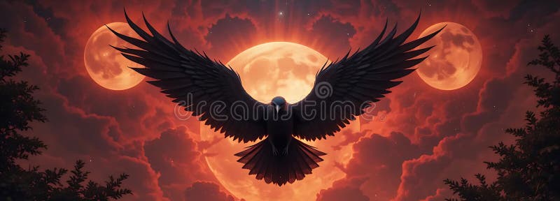 Raven Spreading Wings in Red Clouds Sky with Three Moons Stock Photo ...