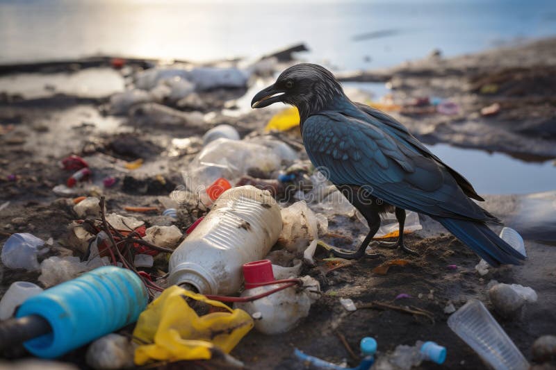 Raven Standing Amidst Plastic Pollution on a Beach Stock Photo - Image ...