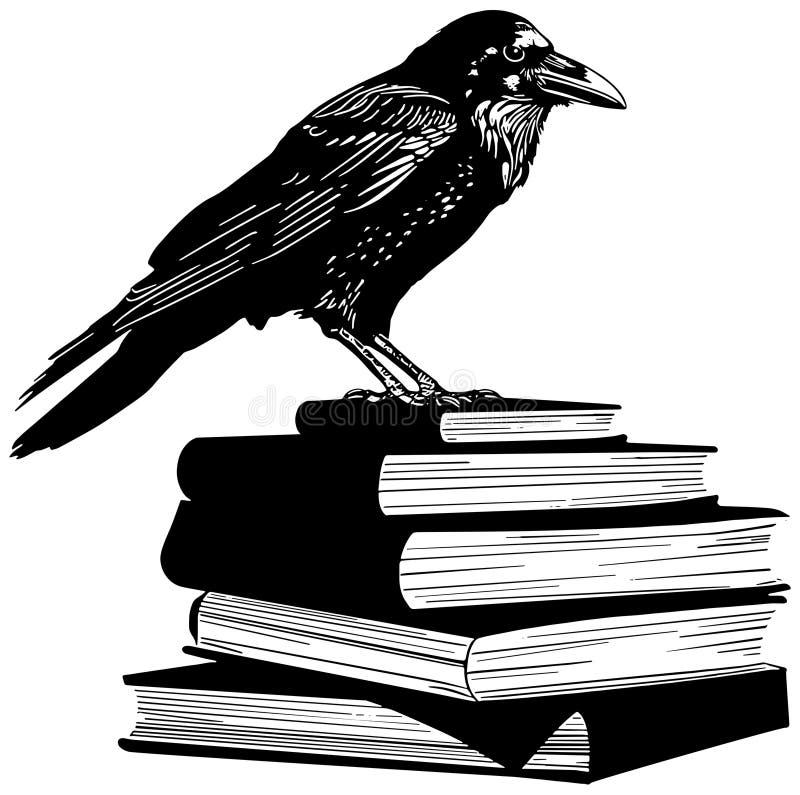 Illustration of a Raven on a Stack of Books Stock Vector - Illustration ...