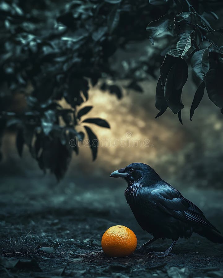 A Raven Stands beside an Orange in the Forest Stock Illustration ...