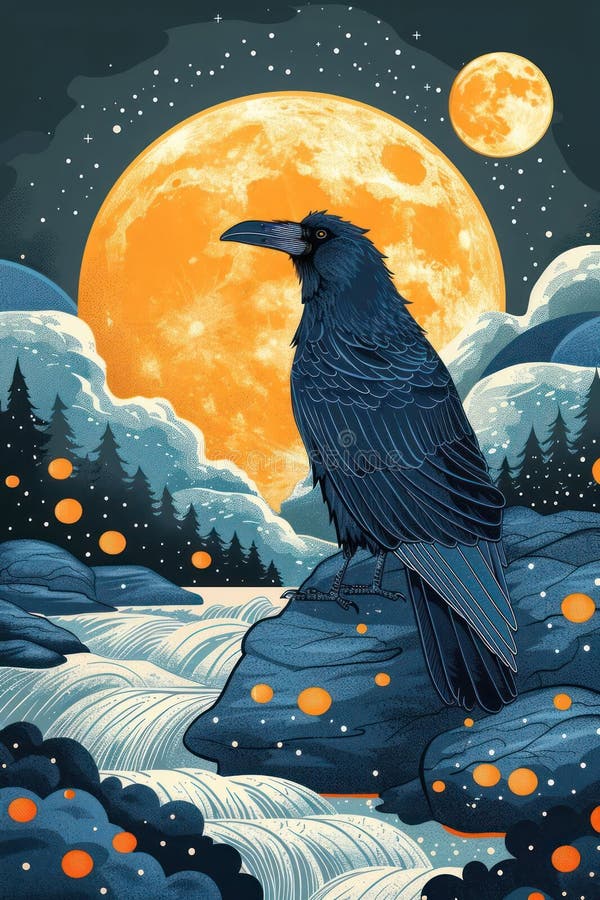 Majestic Raven Perched on a Rock Underneath a Giant Moon at Night Stock ...