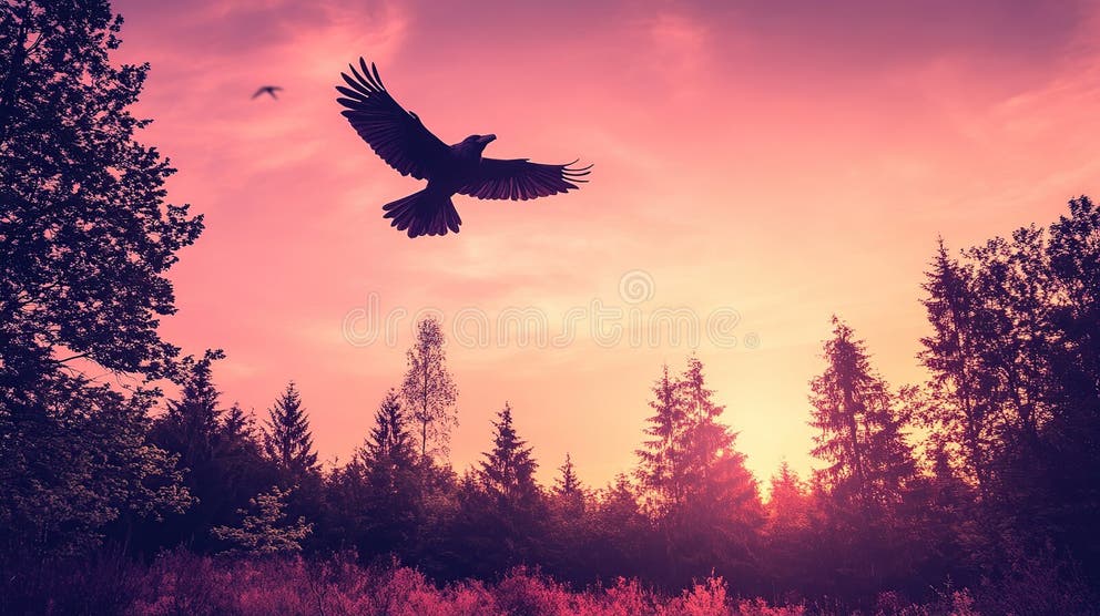 Raven Sunset Flight Forest Silhouette Foto de archivo - Imagen de ...