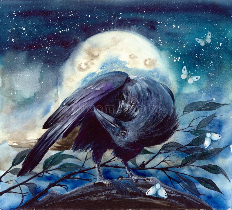 A Raven on the Tree Branch with Shining Moon Stock Illustration ...
