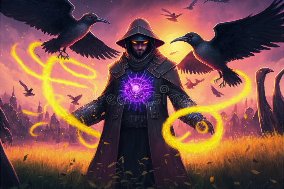 Raven Wizard Casting Enchantment in the Enigmatic Meadow during Solar ...