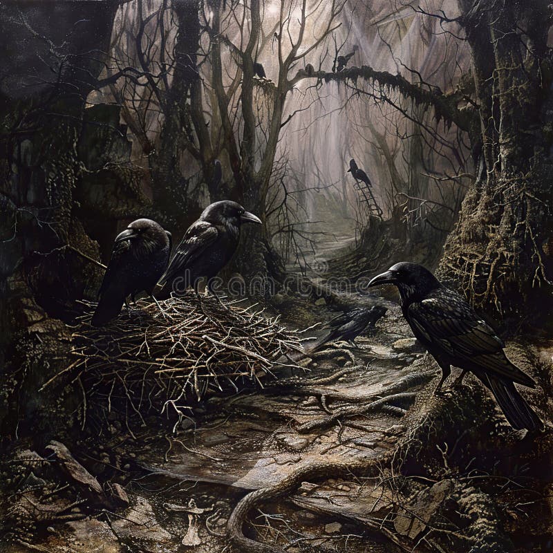 Ravens Nesting Alongside a Winding Trail in the Hallowed Forest Stock ...