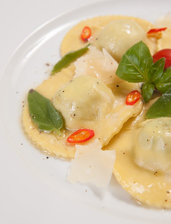 Ravioli with Red Chily Pepper and Sweet Basil Stock Photo - Image of ...