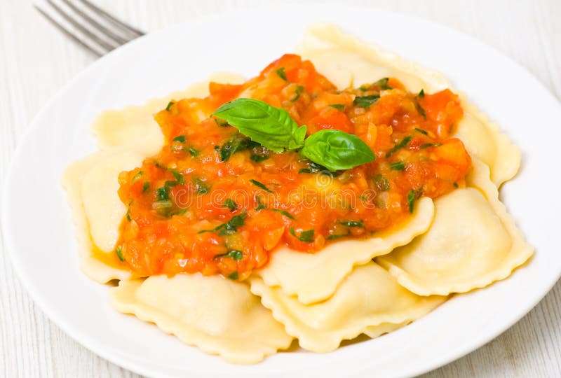 Ravioli with Tomato Sauce and Basil Stock Photo - Image of italian ...