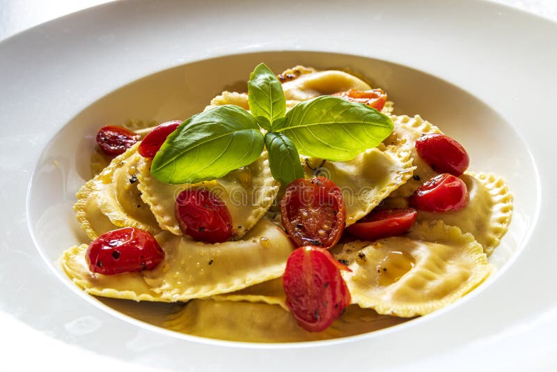 Ravioli with Tomato Sauce and Basil, Top View Stock Photo - Image of ...