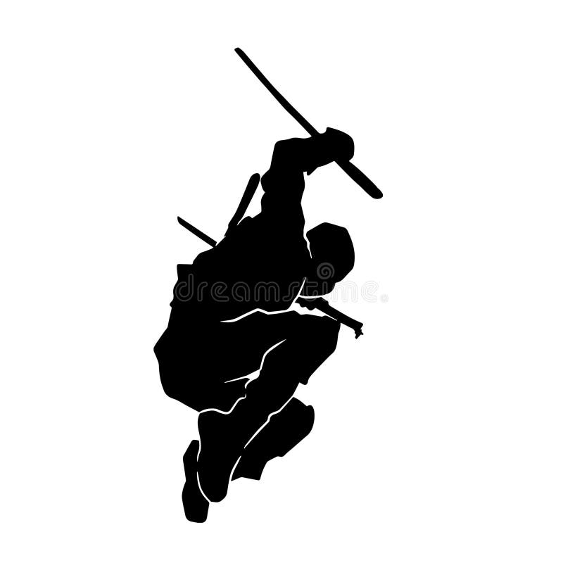 Silhouette of a Warrior Male Jumping with Swords Weapon. Stock Vector ...