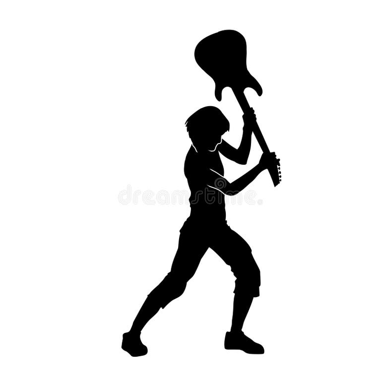 Silhouette of a Female Rock Music Guitarist Smashing an Electric Guitar ...