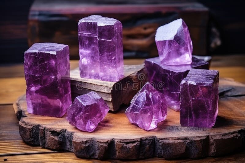 Raw Amethyst Blocks on Dark Wood Surface Stock Illustration ...