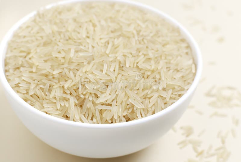 Raw Basmati Rice in a White Bowl on a Light Background. Concept of ...