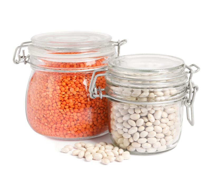 Raw Beans and Lentils in Glass Jars Isolated on White Stock Photo ...