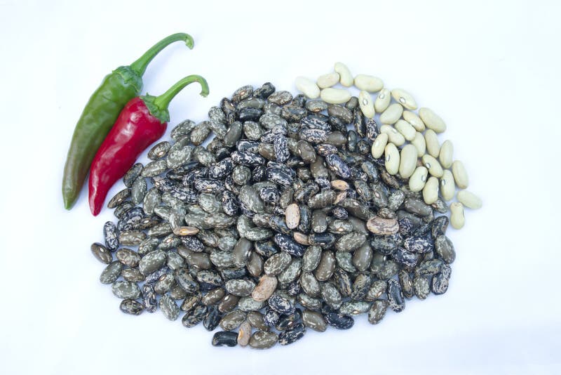 Raw Beans with Tow Chili Peppers Stock Image - Image of chili, seed ...