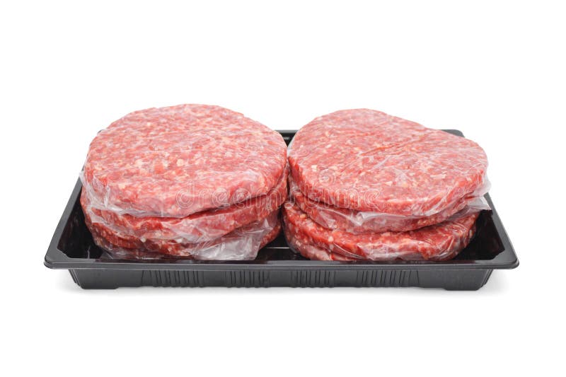 Raw Beef Burger Patties in Packaging Isolated on White Background Stock ...